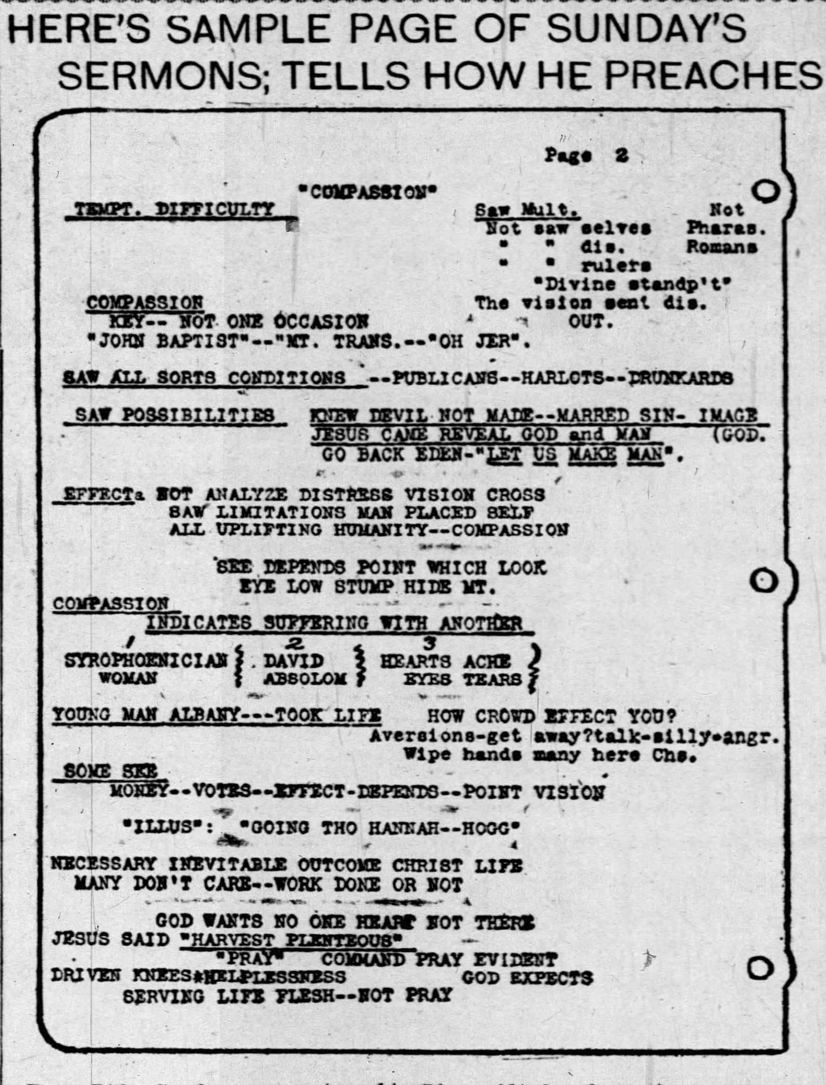 Sample of Billy Sunday’s sermon notes, c 1913 – Evangelist Billy Sunday ...