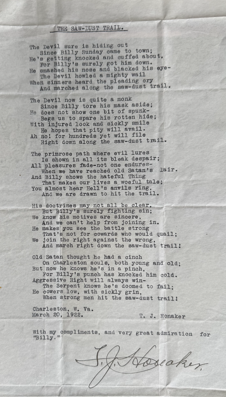 The sawdust Trail poem – Evangelist Billy Sunday (1862-1935)